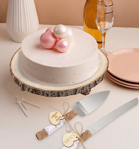 POMINEL Wood Cake Stand with Cake Cutting Set Wooden Cake Stands Rustic Wedding Cake Stand Wood Slice Cake Stand for Dessert Table, Plant Display for Family Gartering, Wedding Receptions