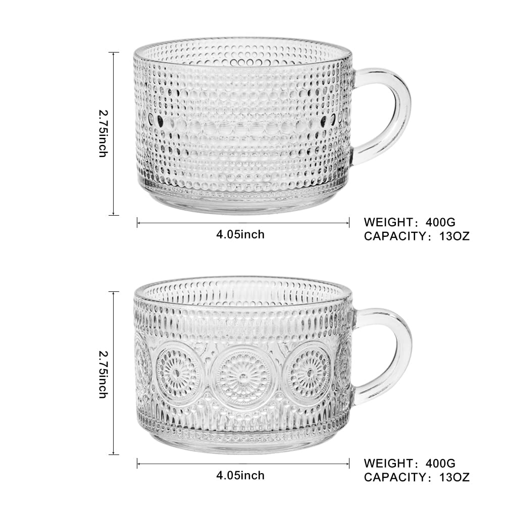 BTGLLAS 400ML Vintage Coffee Mugs With Metal Spoon Glass Coffee Cup 13 Oz Set of 4 Clear Embossed Engrave Tea Cups Beverage,Latte,Anniversary, Valentine,Birthday,Christmas (2SETMUGS)