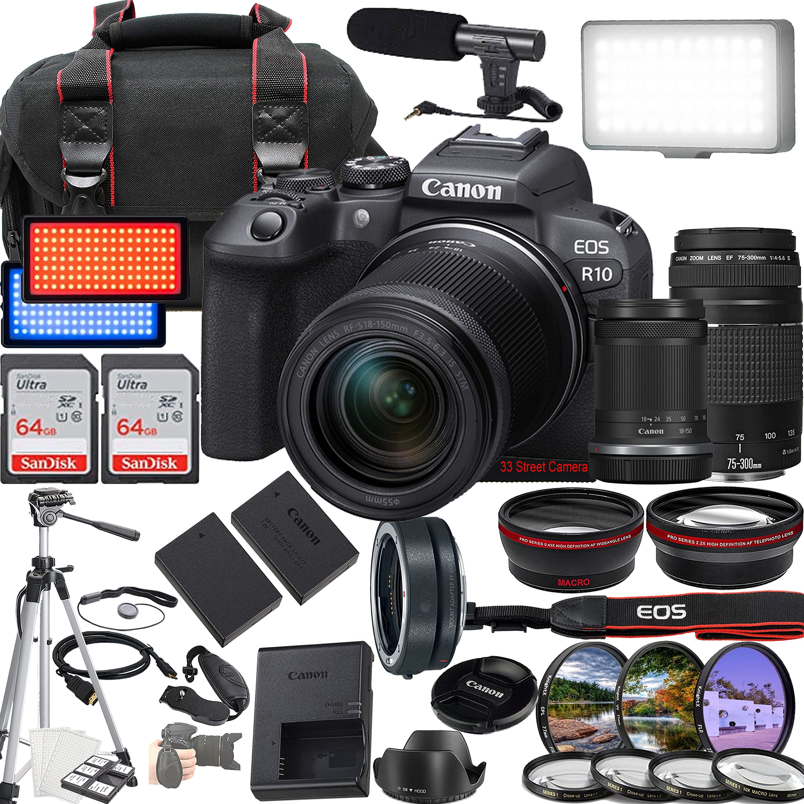 Canon EOS R10 Mirrorless Camera w/RF-S 18-150mm f/3.5-6.3 is STM Lens + EF 75-300mm f/4-5.6 III Lens + 2X 64GB Memory + Case + Microphone + LED Video Light + More (35pc Bundle)