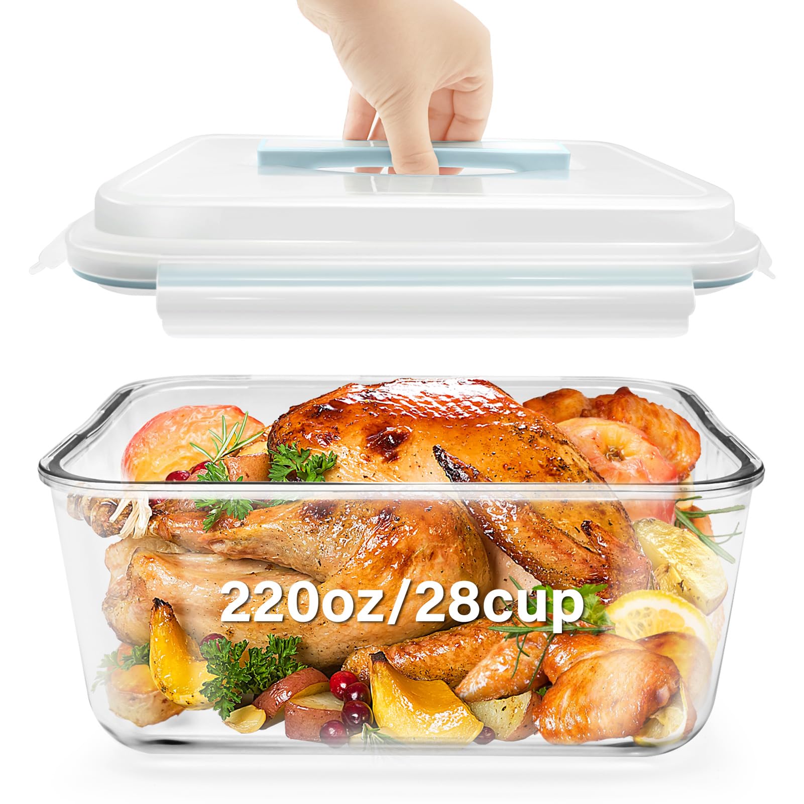 Extra Large Glass Storage Containers with Lids Airtight: Big Glass Containers with Lids - 220oz/28cup - XL Glass Rotisserie Chicken Container - Storing food Fruits Salads Free Oven Safe (Extra Large)