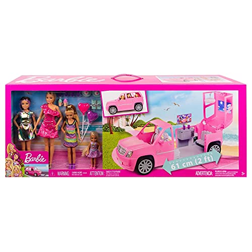 Barbie Playset with 4 Sister Dolls and Limo that Opens and Expands to 2 Feet, Includes 10+ Party Accessories, Gift for Kids 3 to 7 Years Old