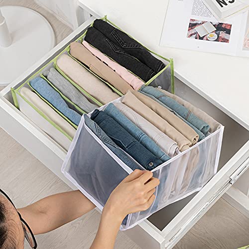 Set of 2 Pieces Wardrobe Clothes Organizer, Jeans Leggings Compartment Storage Box Closet, 7 Grids Folding Drawer For Clothing Mesh Separation , Transparent Divider For Stacking Pants Organizer (White)