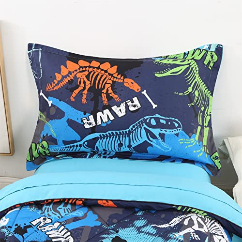Wowelife Dinosaur Toddler Bedding Sets for Boys and Girls, Premium 4 Piece Dinosaur Skeleton Toddler Bed Set Blue, Super Soft and Comfortable for Toddler