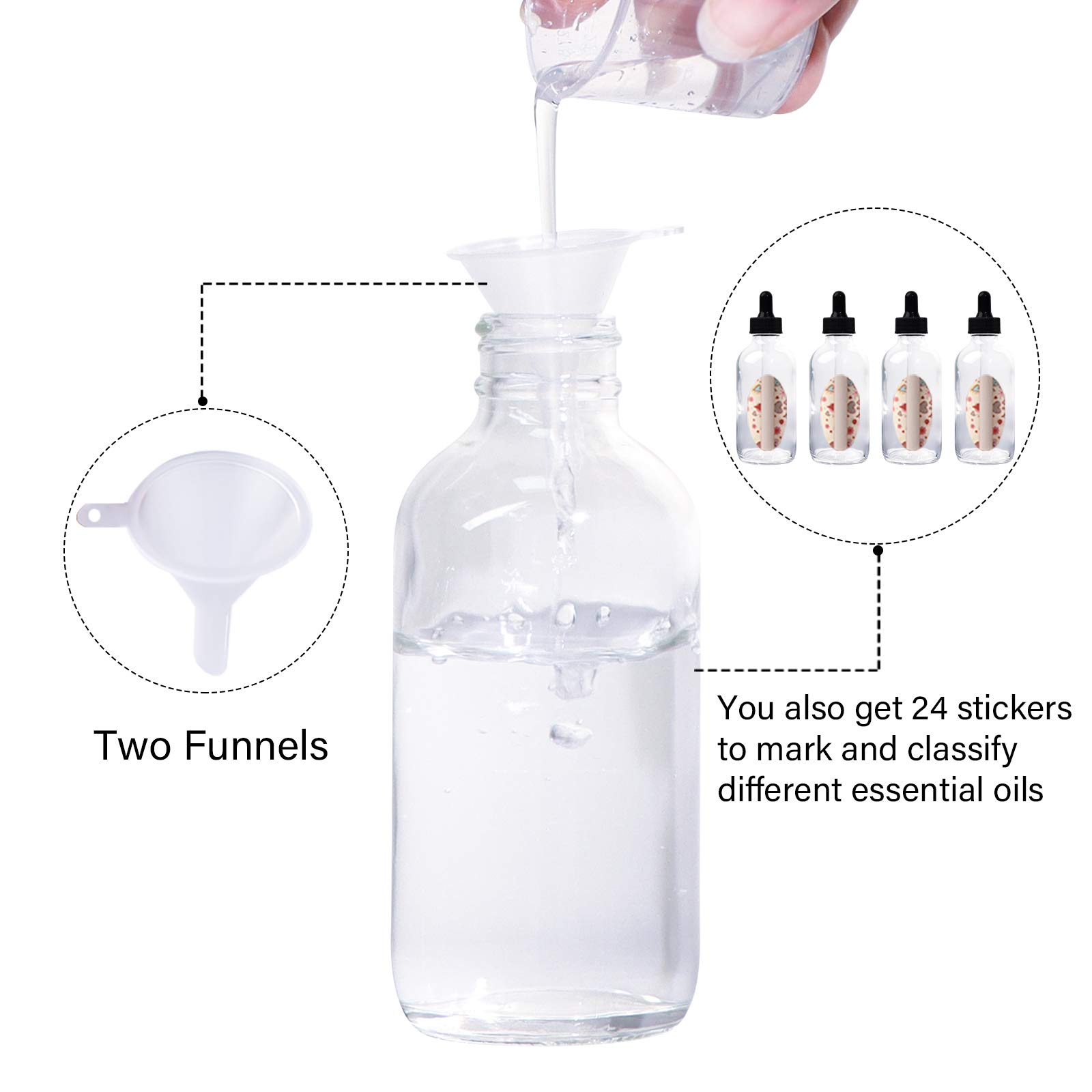 HWASHIN 12 Pack 4oz Clear Glass Bottles with Glass Eye Droppers for Essential Oils, Perfumes & Lab Chemicals (1 Brush, 2 Funnels, 2 Extra Droppers, 24 Pieces Labels & 30ml Measuring Cup Included)