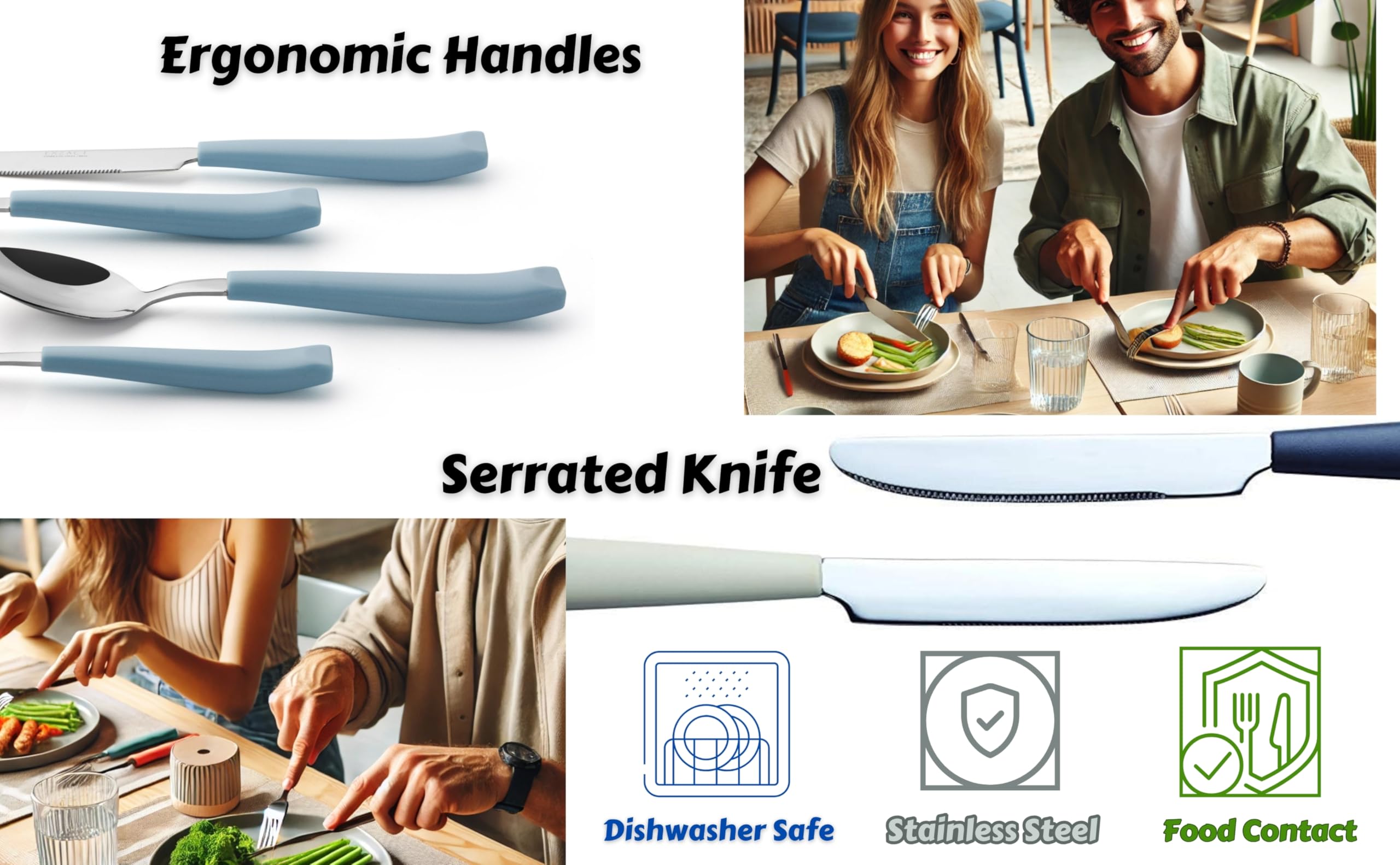 EXZACT Cutlery Set Coloured 16PCS - Stainless Steel with Plastic Wide Handles β Comfortable to Hold - 4 x Forks, 4 x Dinner Knives, 4 x Dinner Spoons, 4 x Teaspoons β Service for 4