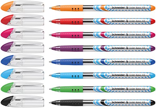 Schneider Slider Basic XB (Extra Broad) Ballpoint Pen, 1.4 mm, Transparent Barrel, Assorted Ink Colors, Pack of 8 Pens (151298)