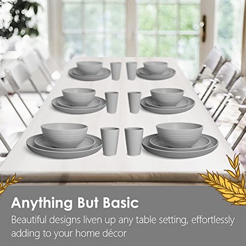 Teivio 24-Piece Kitchen Plastic Wheat Straw Dinnerware Set, Service for 6, Dinner Plates, Dessert Plate, Cereal Bowls, Cups, Unbreakable Plastic Outdoor Camping Dishes, Grey