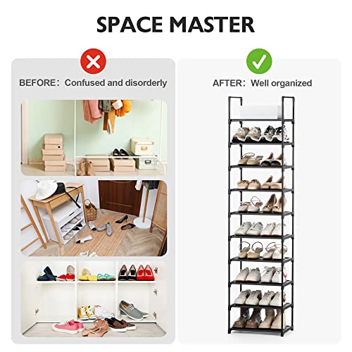 HODYANN 10 Tiers Shoe Rack, 20 Pairs Narrow Shoe Rack Organizer, Space Saving Non-Woven Fabric Metal Shoe Shelf, Stackable Large Shoe Rack for Closet (Black with Hook)
