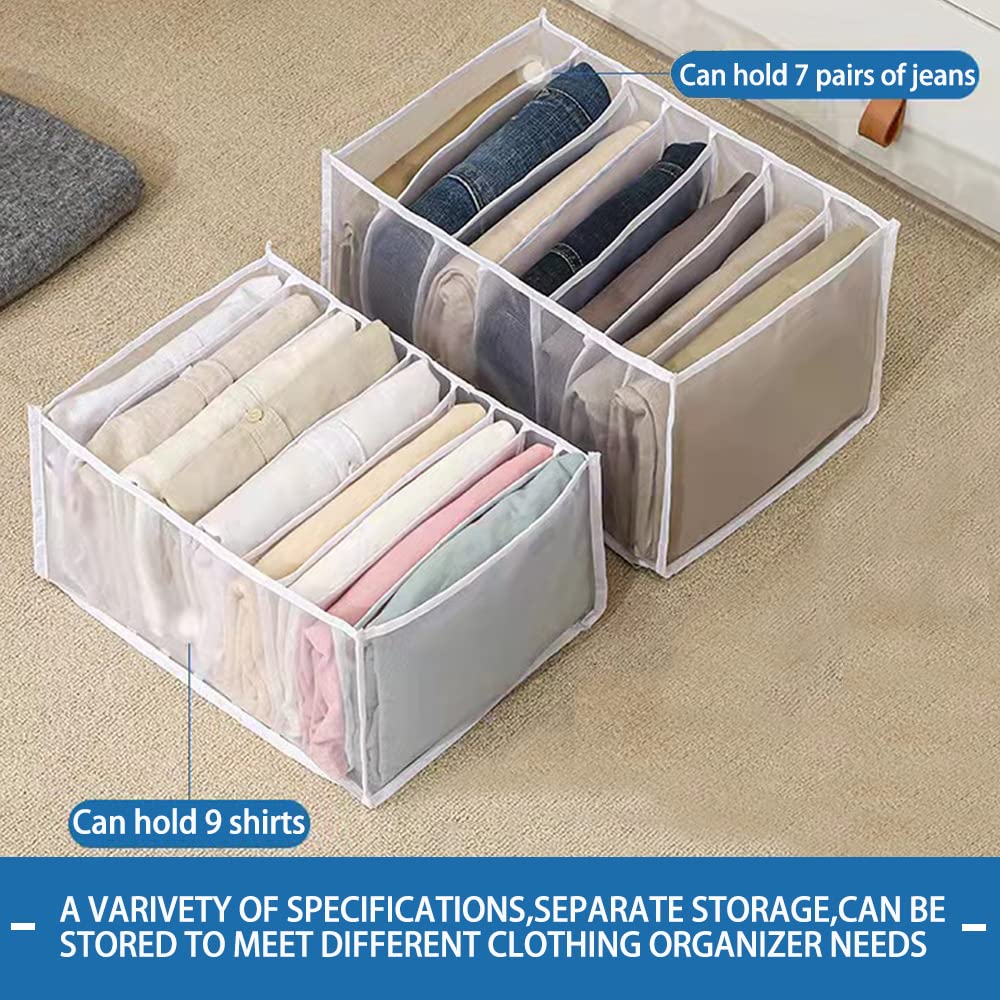 JINLU Wardrobe Clothes Organizer 7 Grids 9 Grids (2-Piece),Clothes Organizer for Folded Clothes Washable Drawer Organizers for Clothing Divided Mesh Organizing Box Uitable for Jeans (L,Gray )