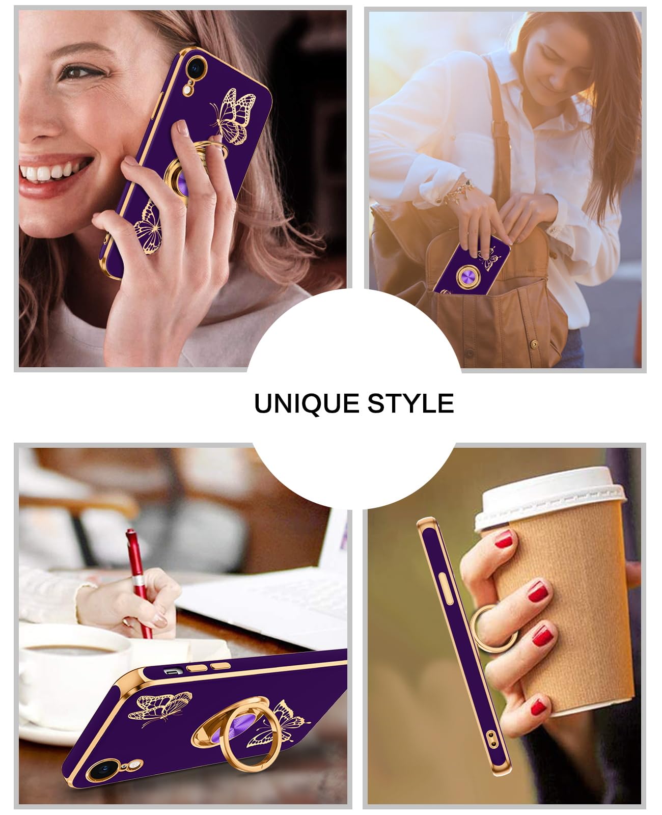 BENTOBEN iPhone XR Case, Phone Case iPhone XR 6.1, Slim Fit Gold Butterfly Design Kickstand Ring Holder Shockproof Protection Soft TPU Bumper Drop Protective Girl Women Boy iPhoneXR Cover, Deep Purple