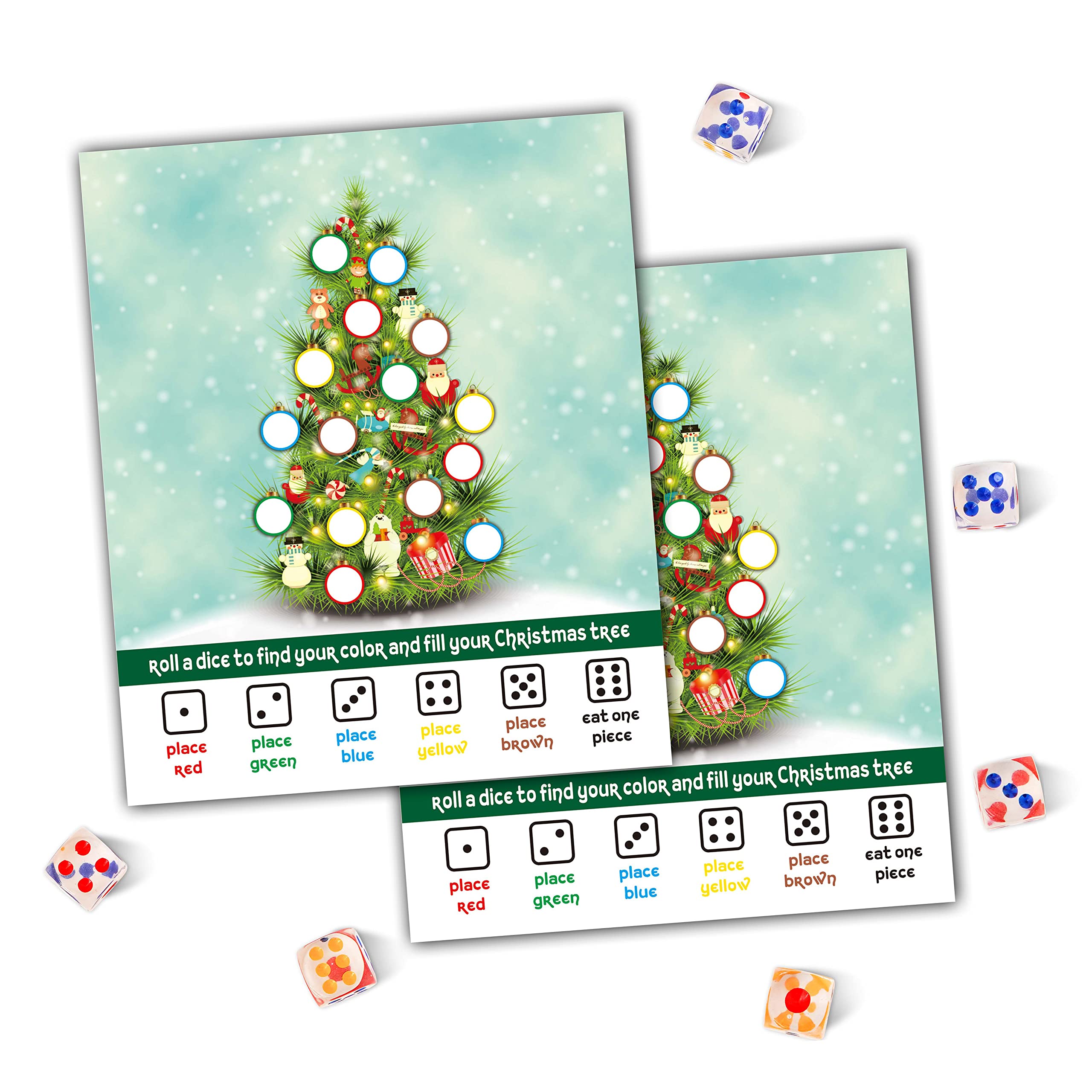 Christmas Party Roll The Dice Game, Kids Table Game, 20 Play Cards 20 Transparent Dices - 5 x 6 inches (MMgame-B004)