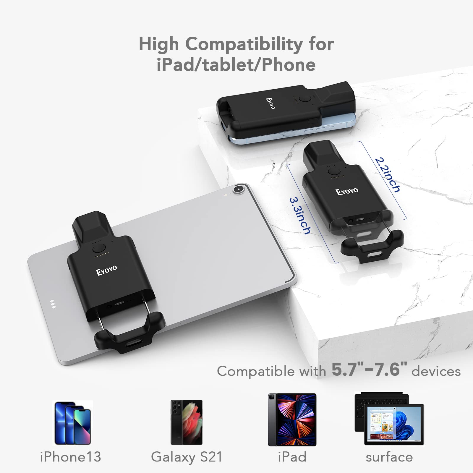 Eyoyo 2D Bluetooth Backclip Barcode Scanner Compatible with iPad, iPhone, Android Phone, 3000mAh Rechargeable Battery, Wireless QR UPC Bar Code Reader for Library Warehouse