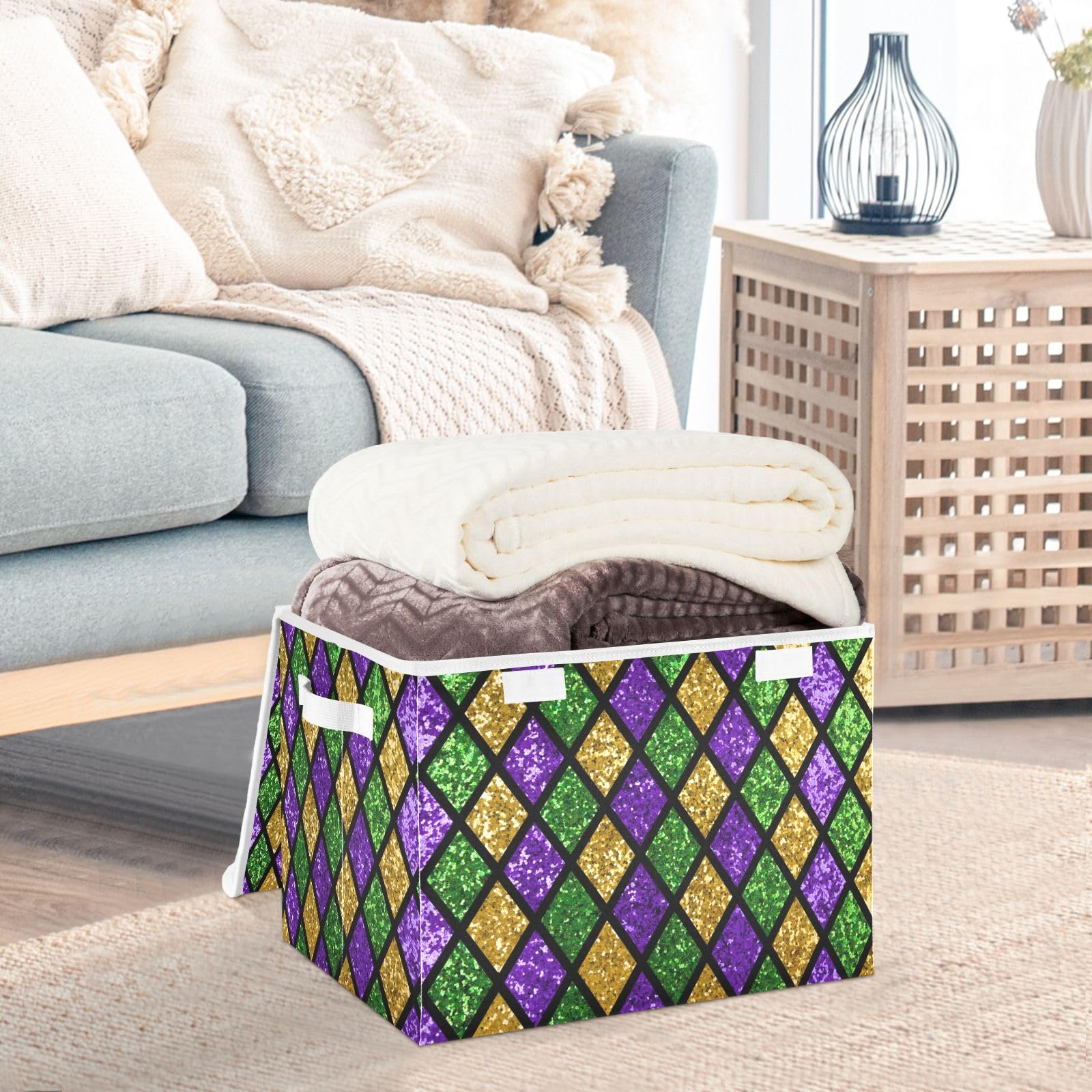 Joisal Shiny Paillettes Fabric Storage Box with Lid Blanket Storage for Closet