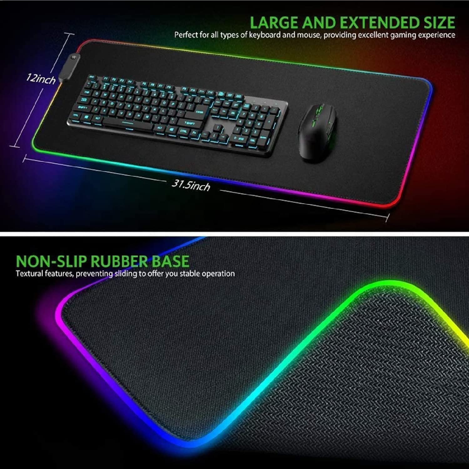 TalkWorks Extra Large RGB Gaming Mousepad - Non-Slip Rubber Base, Micro-Textured Durable Cloth, 7 Colors, 14 Lighting Modes, On/Off Light Switch, USB Device Interface - 12 x 31.5 Inches, Black