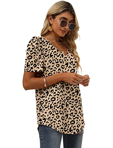 Oversized T Shirts for Women Leopard Print Tops V Neck Short Sleeve Shirts Loose Fit L