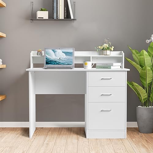 Karl home White Computer Desk with Drawers & Hutch, Modern Home Office Desks with Storage for Kids Students Teens, Small Wood Table for Work Study Gaming Writing, PC Laptop Workstation