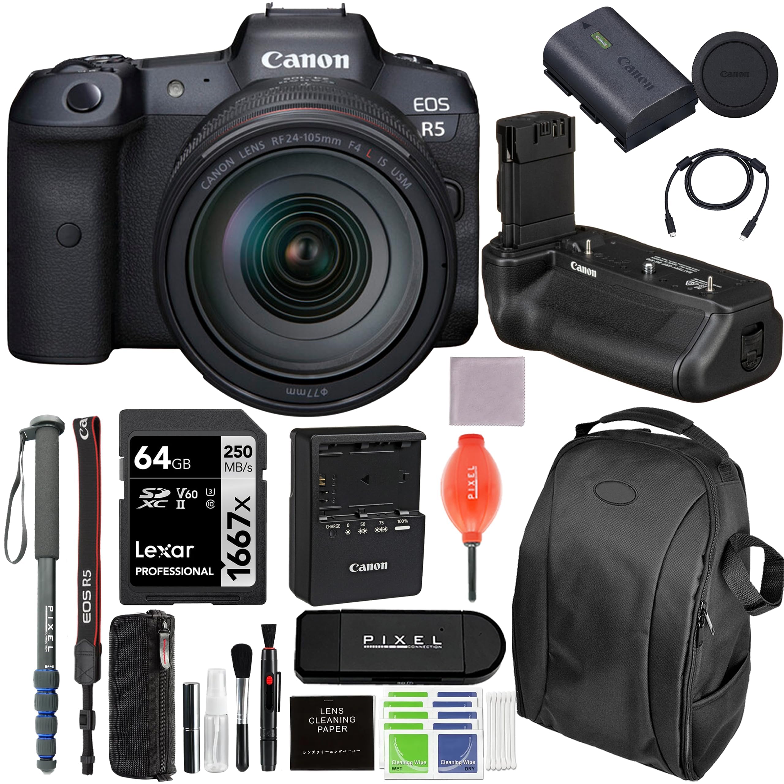 Canon EOS R5 Mirrorless Digital Camera with 24-105mm Lens Bundle Kit with BG-R10 Battery Grip and Advanced Accessories | (4147C013 + 4365C001) | Canon eos r5