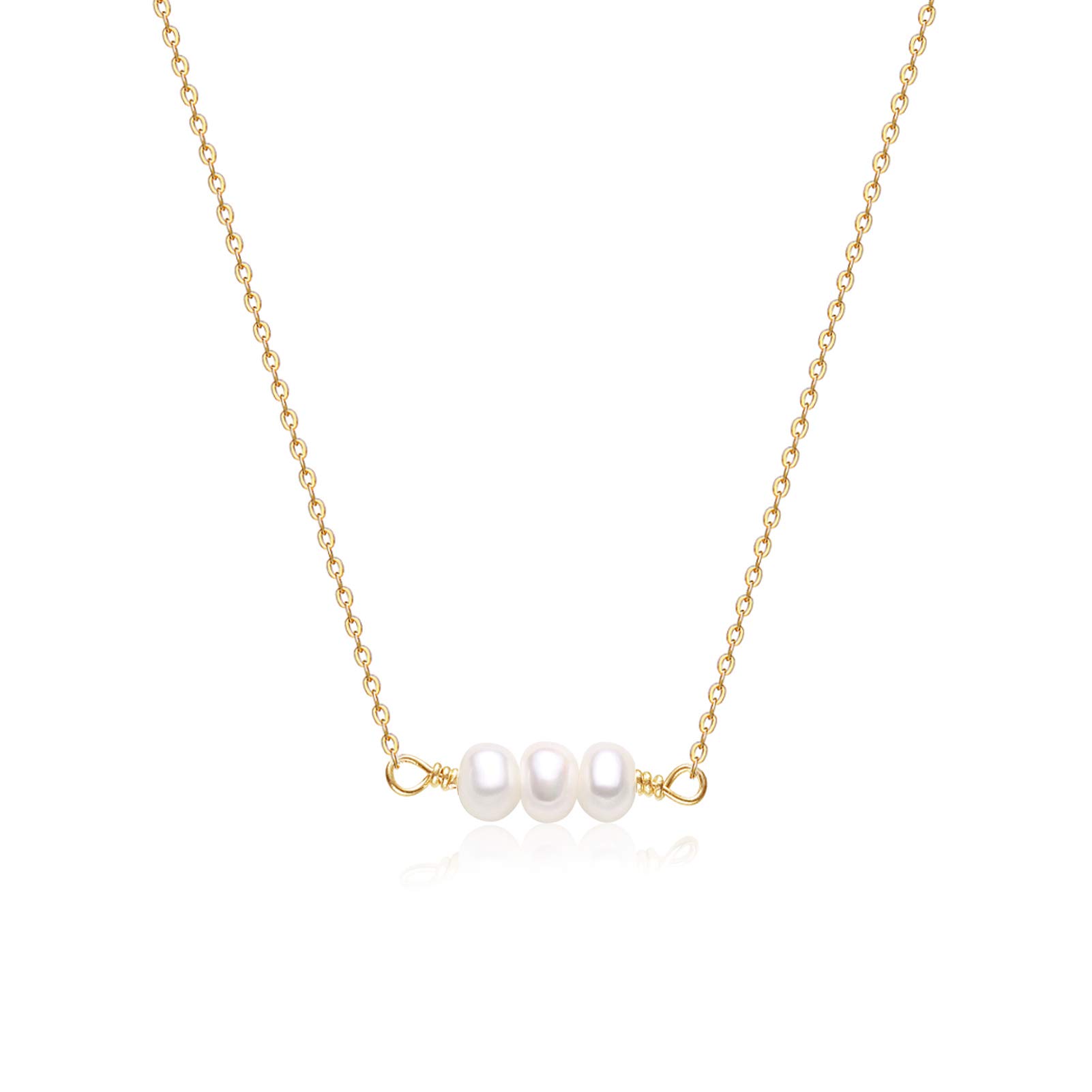 Befettly Womens 3 Mini Pearls Choker Necklace Handmade 14K Gold Fill Cute Elegant Simple Women Dainty Necklace CK2-3Pearls