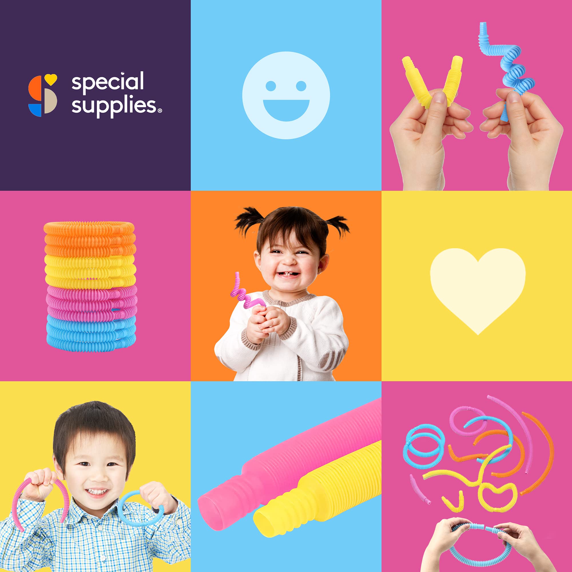Special Supplies Fun Pull and Stretch Tubes for Kids - Pop, Bend, Build, and Connect Toy, Provide Tactile and Auditory Sensory Play, Colorful, Heavy-Duty Plastic (Primary-12)