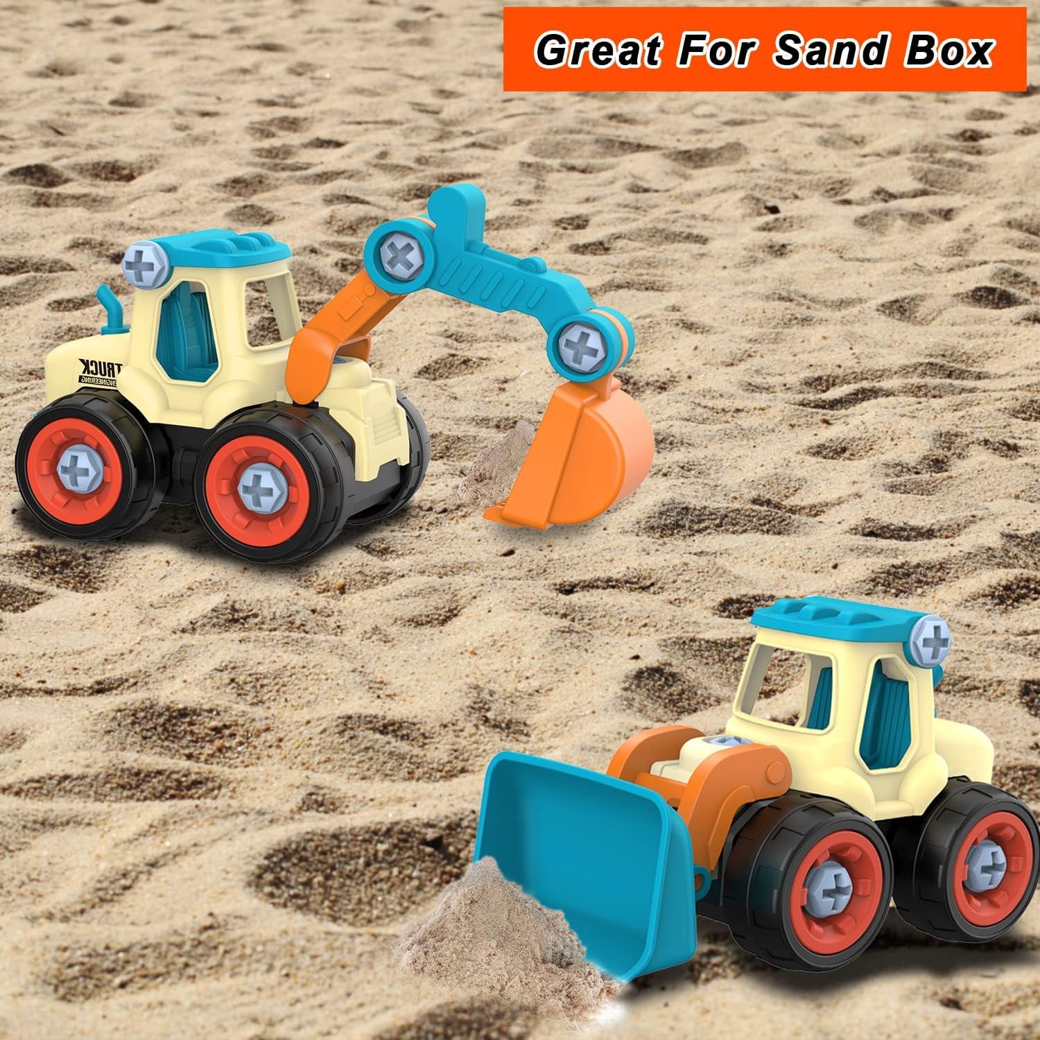 Sand Toys for Kids Toddlers: Take Apart Construction Toys Truck Set Includes Road Roller, Excavator, Bulldozer, Drilling Truck