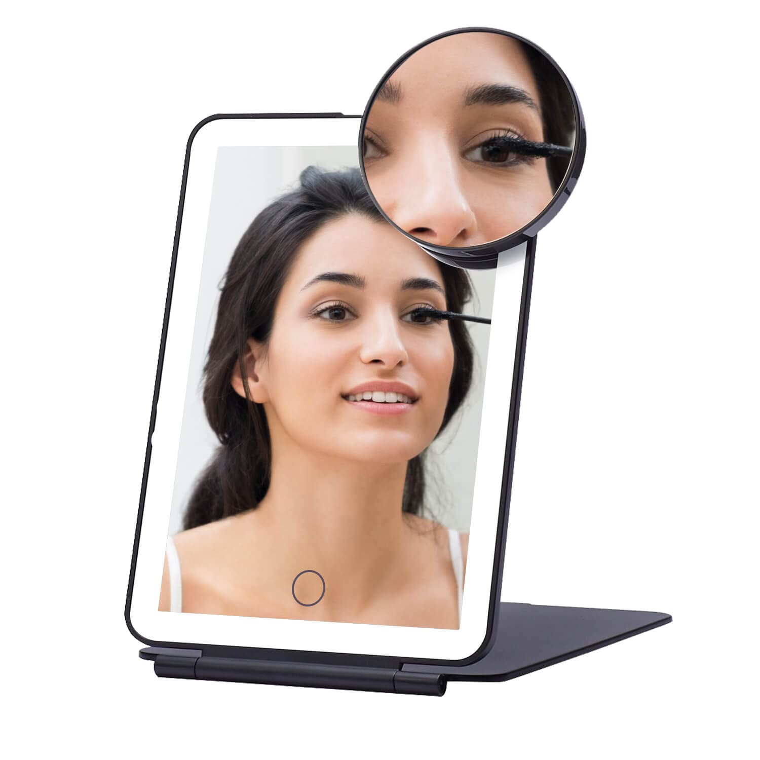 Foldable Double Sided Tabletop Mirror - Rechargeable Lighted Magnifying Mirror 10 X and 1X,3 Colors Light - Adjustable Foldable Handle for Makeup/Travel and Blackhead Removal.