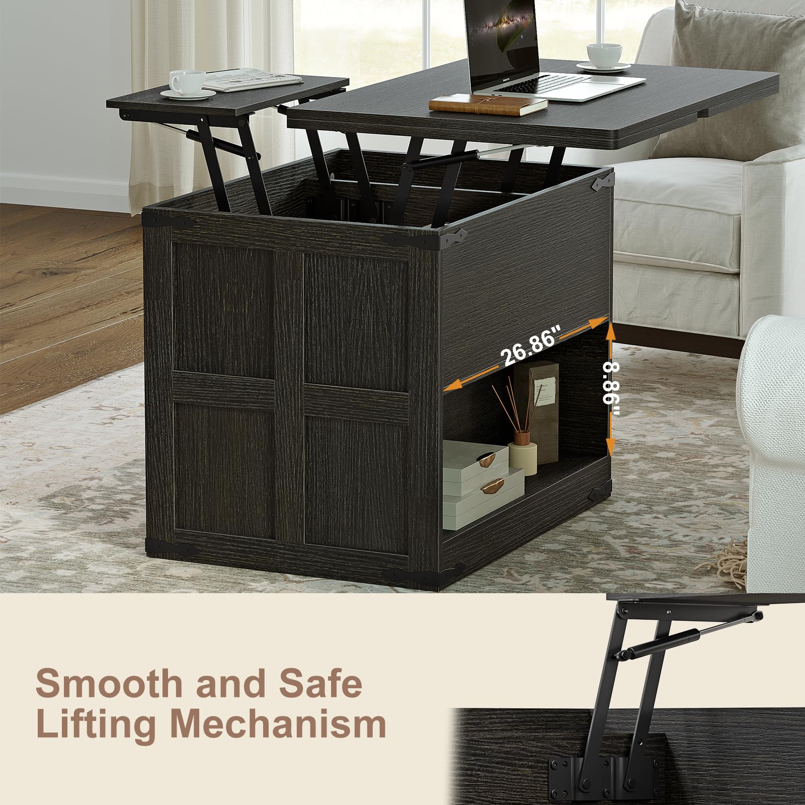 FABATO Lift Top Coffee Table, Farmhouse Coffee Table, Convertible Coffee Table with Storage and Drawer, Multifunctional Center Table Converts to Dining Game Table for Living Room, Dark Gray