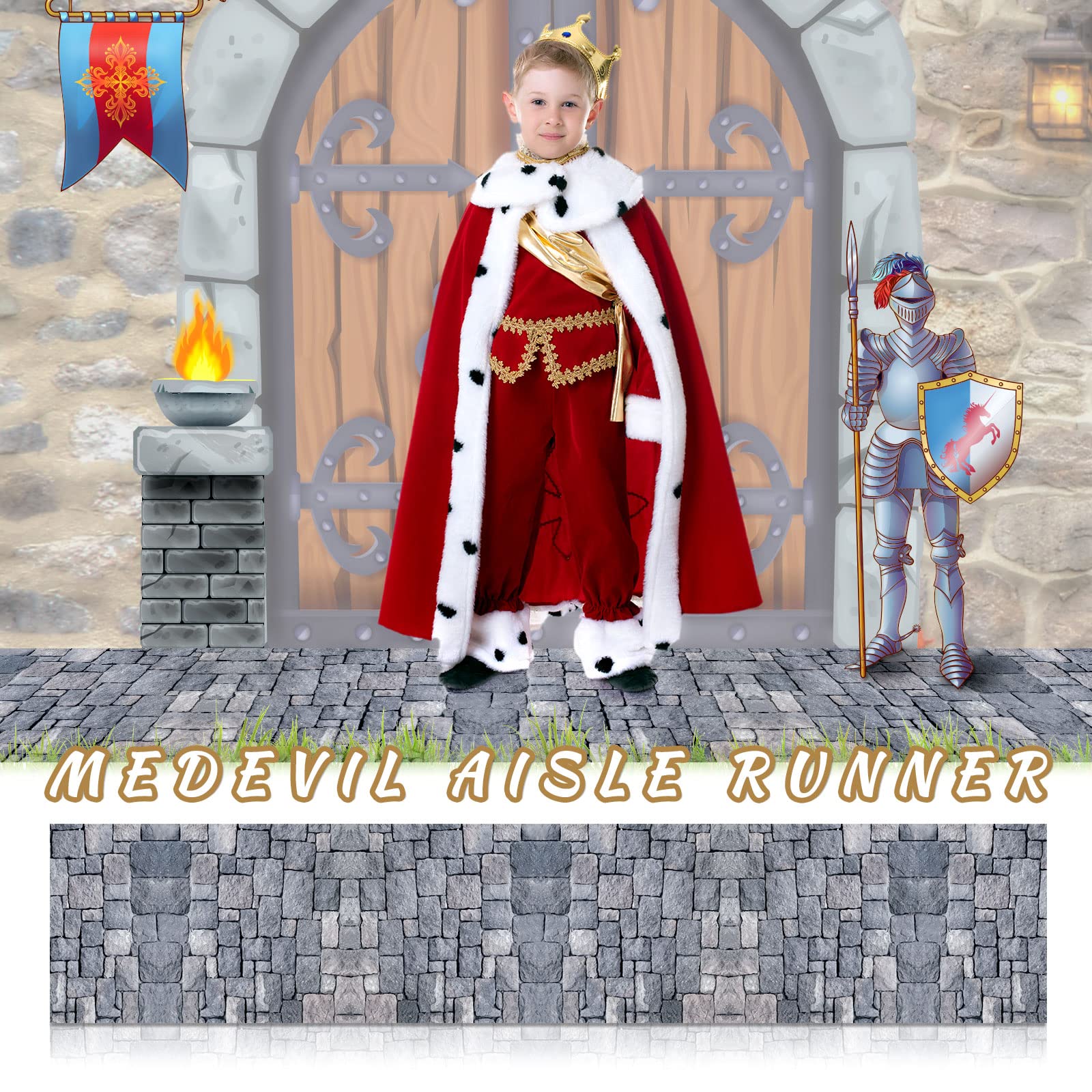 Fabbay 4 Pack 10ft Cobblestone Aisle Runners Medieval Party Decorations Polyester Brick Stone Printed Floor Runners for Medieval Castle Knight Themed Party Supplies Halloween Castle Table Cover