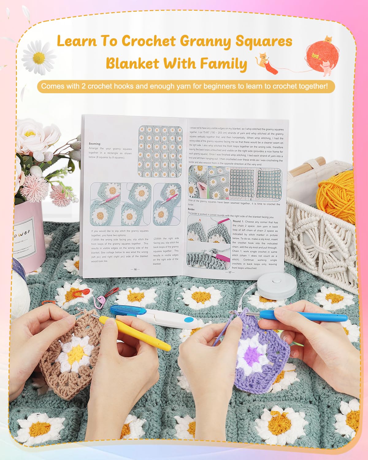 Coopay Crochet Kit Beginners for Blanket, Granny Squares Crochet Blanket Kit with Instructions & Enough Yarn, Complete Crochet Starter Kit Easy Learn to Crochet Blanket Kit for Beginners Adults