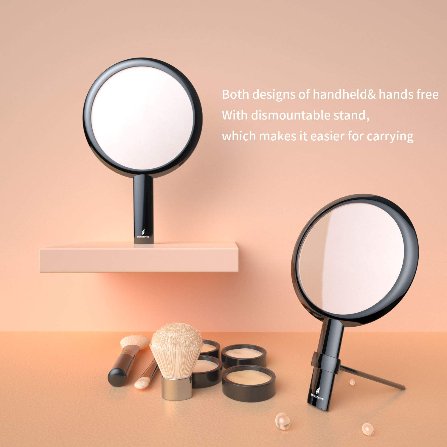 Beautifive Hand Mirror, Hand Held Mirrors with Adjustable Handle,1x/10x Magnifying Double Sided Handheld Makeup Mirror with Stand for Vanity Beauty Travel Table Desk Shaving Bathroom (Black)