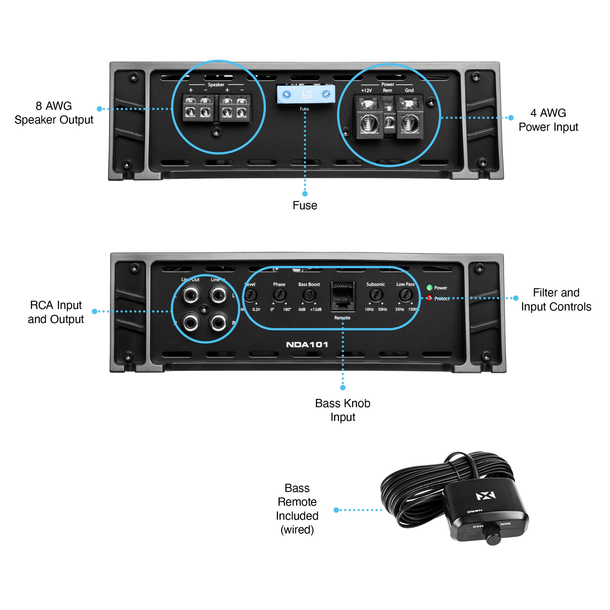 NVX NDA105 4000W Peak (2000W) RMS N-Series Class-D 1-Ohm Stable Monoblock Amplifier with Included Bass Remote Knob