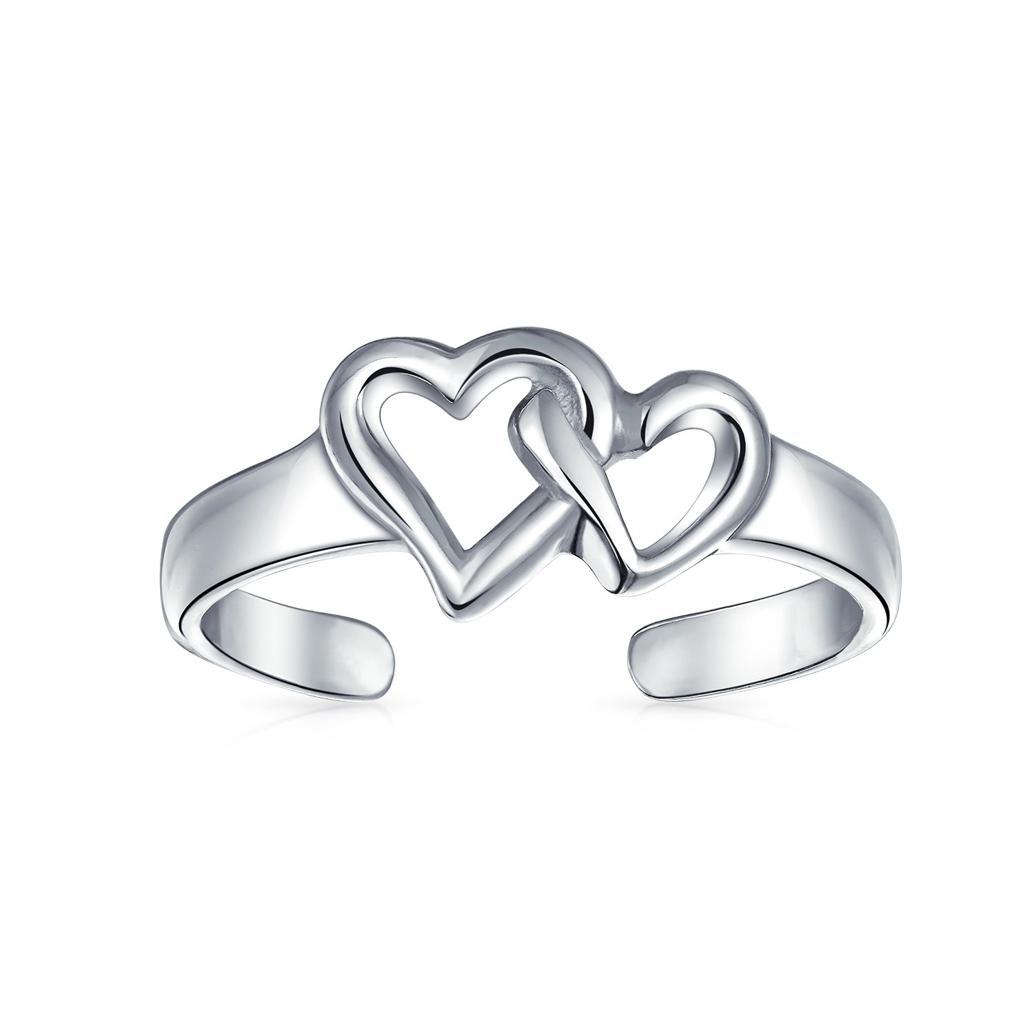 Bling Jewelry Personalized Romantic Midi Mid Finger Double Open Interlocking Hearts Toe Ring For Women Teen Polished .925 Silver Sterling Adjustable Custom Engraved