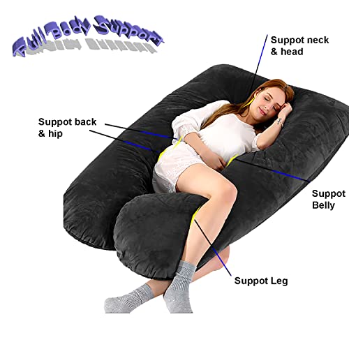 Pregnancy Body Pillows for Sleeping, U Shaped Full Body Pillow for Adults, Maternity Pillows for Women, Support Neck, Back, Belly, Legs, Hip, Removable Velvet Cover Washable, 55 inches Black