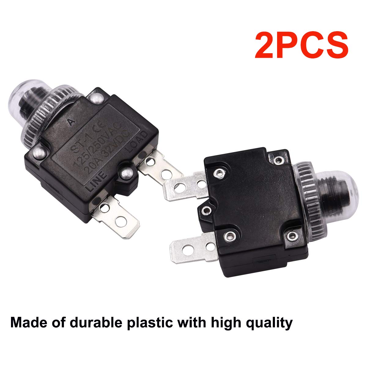 smseace 2PCS 20Amp Electric Button Breaker 125/250VAC, Overload Protector with Manual Reset, Waterproof Button Cap ST-1-20A