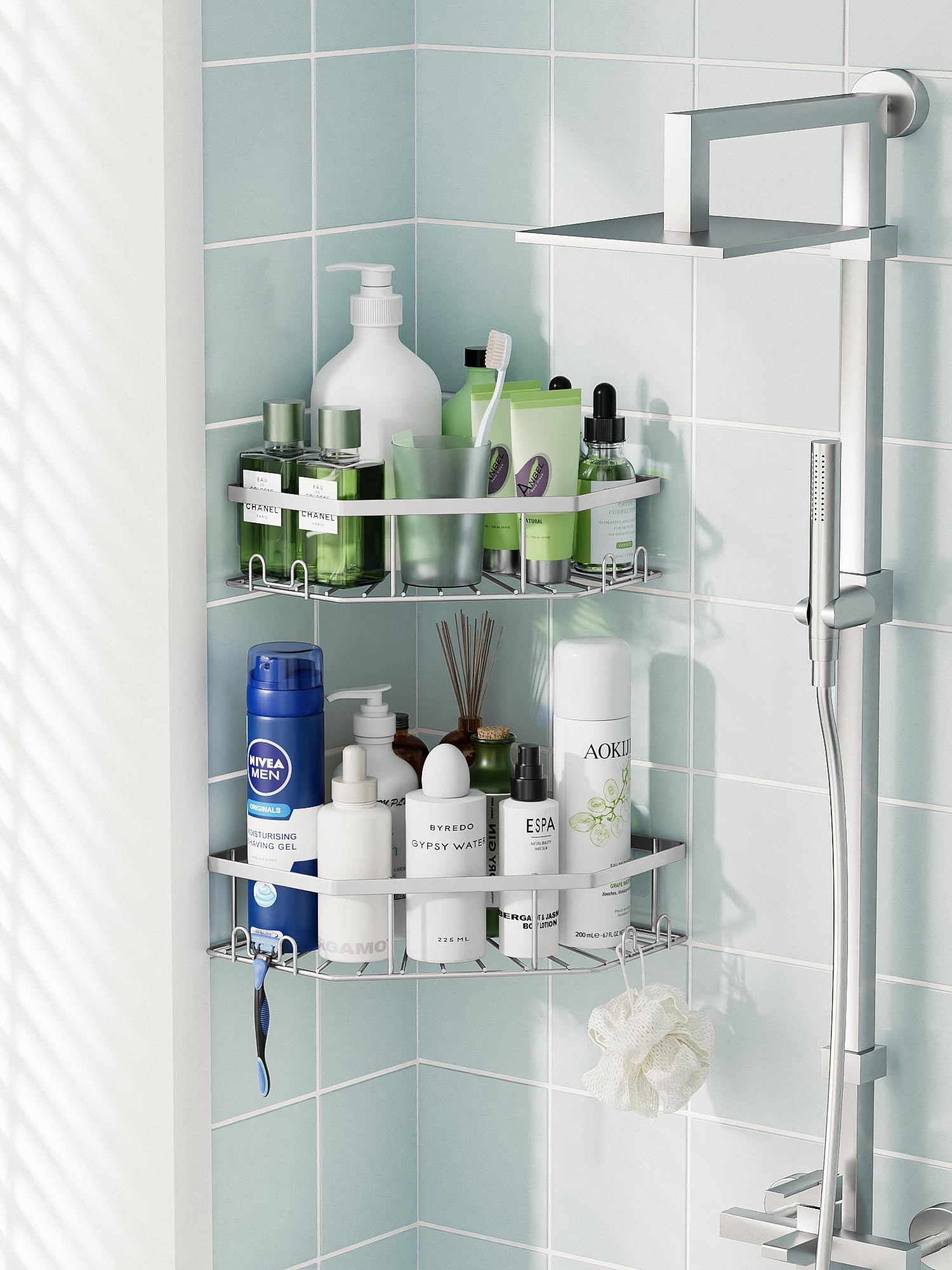 Elbourn Corner Shower Caddy, 2 Pack Stainless Steel Bathroom Shower Shelves with Strong Adhesive, Shampoo Organizer and Storage, Silver