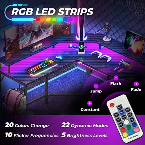 Huuger L Shaped Gaming Desk with Power Outlets & LED Lights, Computer Desk with Monitor Shelves, Carbon Fiber Surface, Home Office Desk, Corner Gaming Desk with Hooks, Black