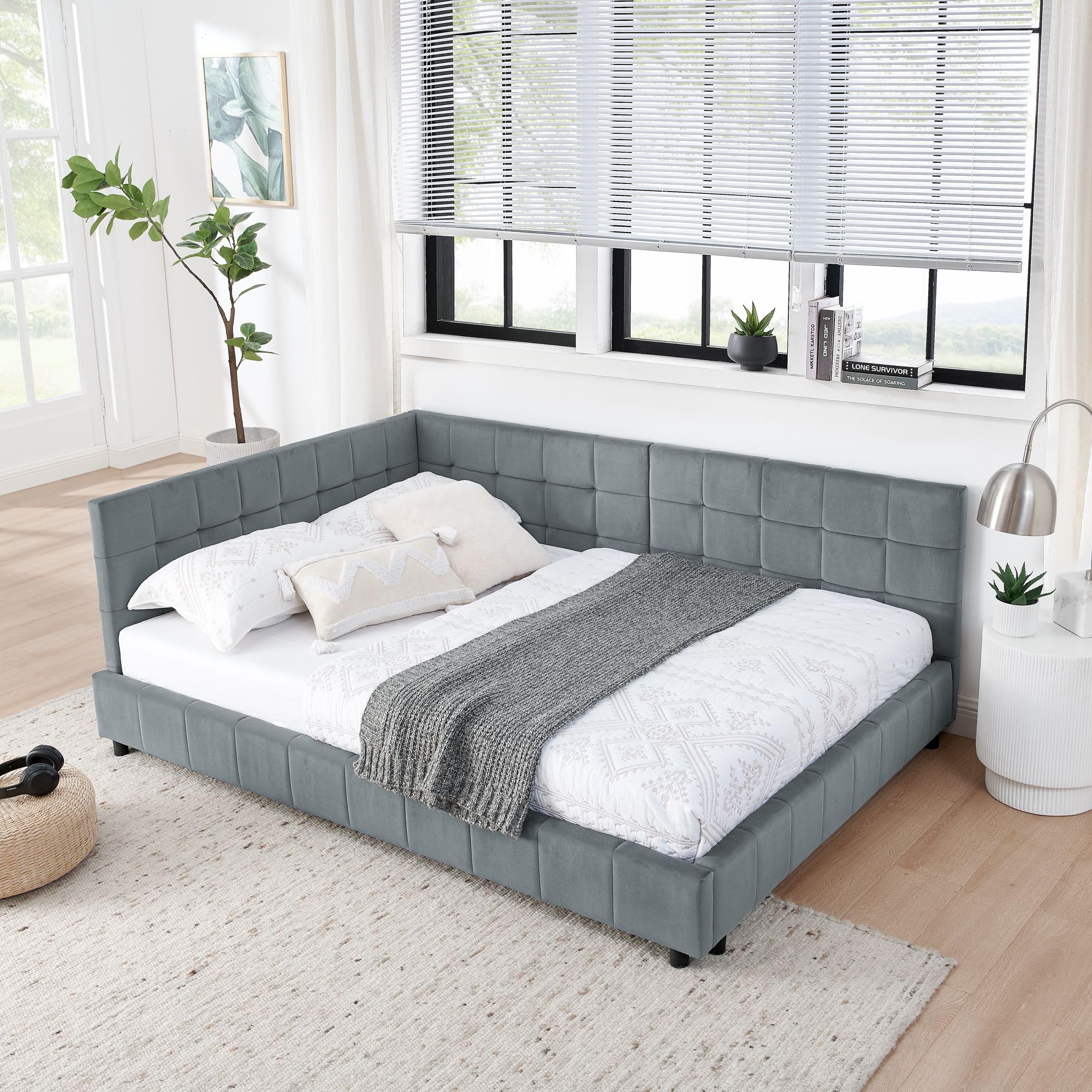 DEINPPA Full L-Shape Corner Bed Frame, Velvet Upholstered Tufted Daybed with Slat, Floor Platform Bed with Soft Headboard for Bedroom Nook, No Box Spring Needed-Black