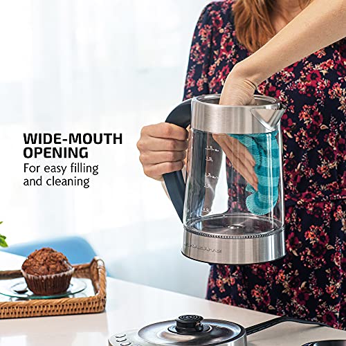 OVENTE Glass Electric Kettle Hot Water Boiler 1.7 Liter ProntoFill Tech Portable Kettle w/ Set Temperature Control, 1500W Keep Warm BPA Free w/ Stainless Steel Base & Tea Maker Infuser - Silver KG733S