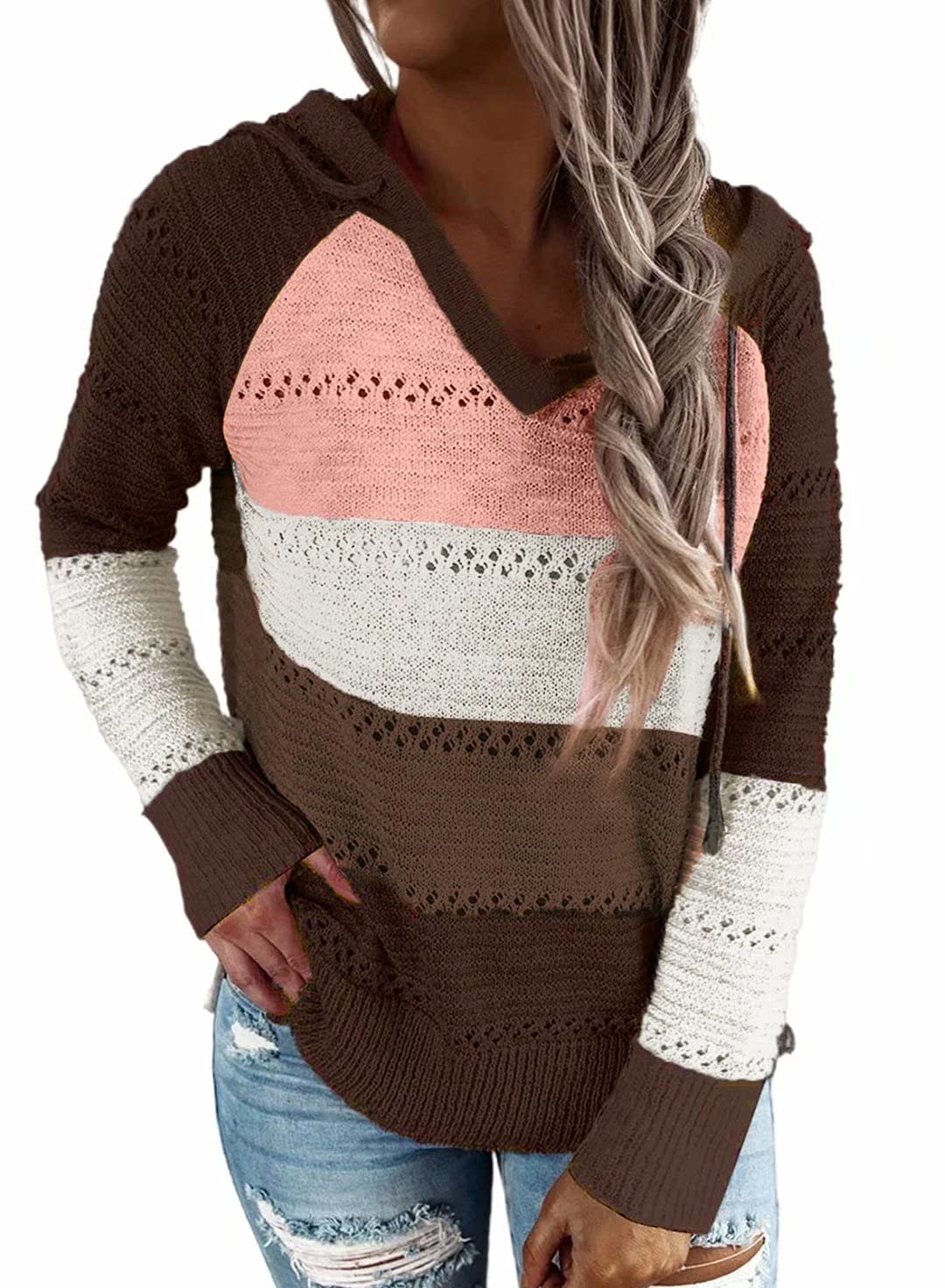 BLENCOT Women's Cute Color Block Drawstring Pullover Sweatshirts Fashion Knitted Tops Autumn Long Sleeve Hoodies Sweater Brown L