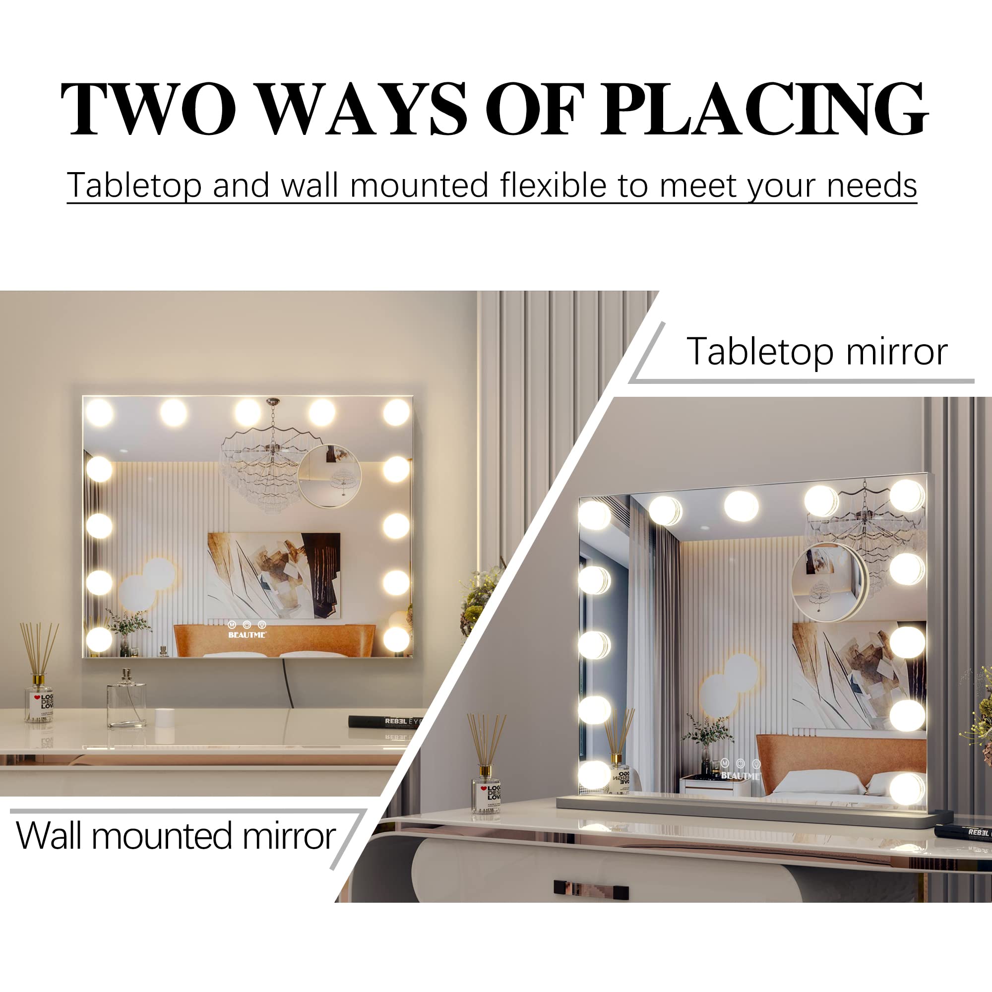 BEAUTME Vanity Mirror Hollywood Mirror with Lights,Led Makeup Mirror with Magnifying Mirror Bedroom Table Mirror/Wall Mounted Mirror Big
