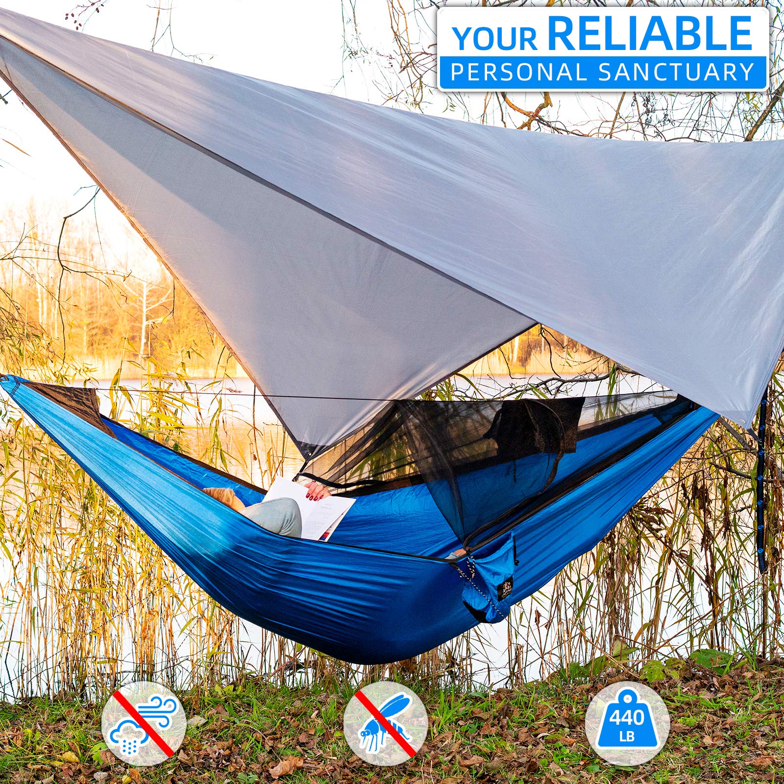 Camping Hammock - Portable Single Person Hammock w/Tree Straps Mosquito Net Rain Fly - Lightweight Travel Hiking Backpacking Hammocks - Parachute Nylon Hammock - Camping Accessories Gear Blue