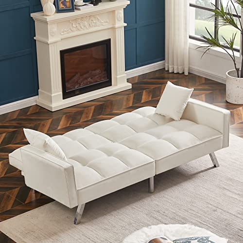 hansones Futon Sofa Bed,Loveseat Folding Daybed,Modern Velvet Fabric Convertible Folding Lounge Couch withwith Arm 2 Pillows Split for Small Space, Home, Living Room (Cream White)