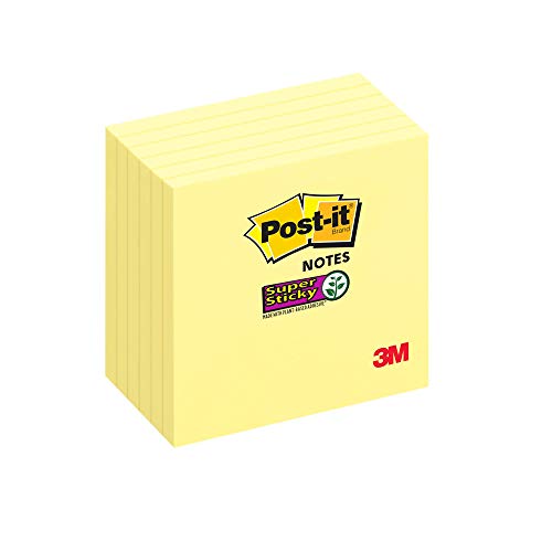 Post-it Super Sticky Notes, 3x3 in, 6 Pads, 2X the Sticking Power, Canary Yellow (654-6SSCY)