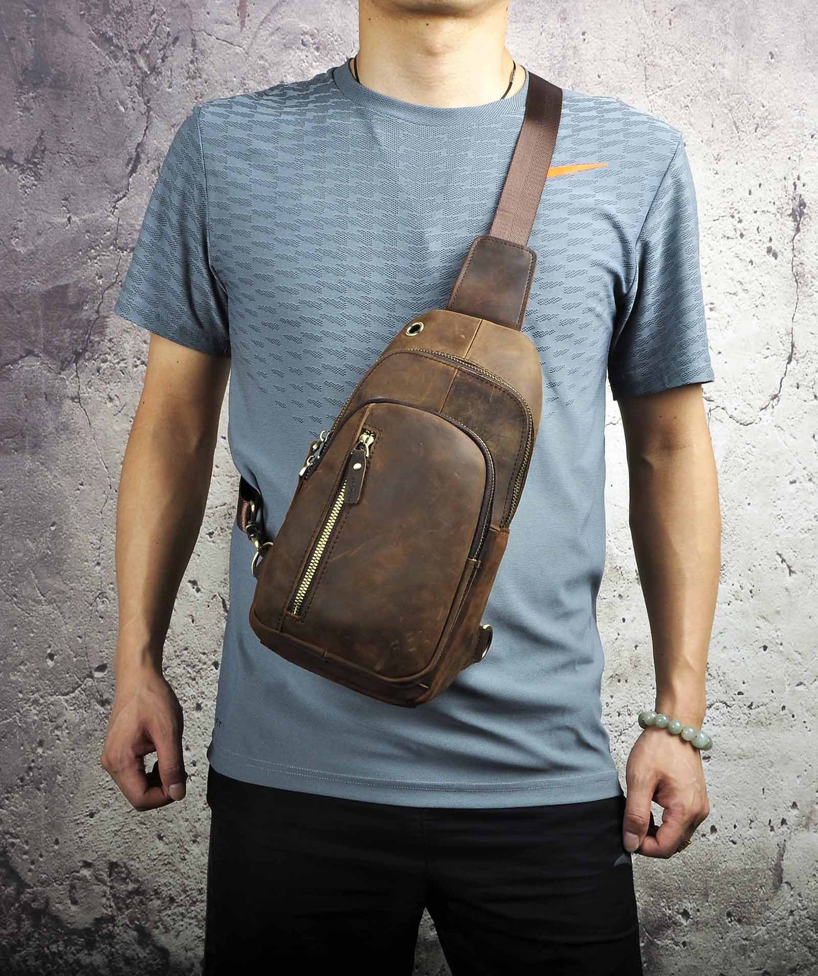 Le'aokuu Men Outdoor Casual Travel Hiking Tea Crossbody Chest Sling Bag Rig One Shoulder Strap Bag Backpack Men Leather