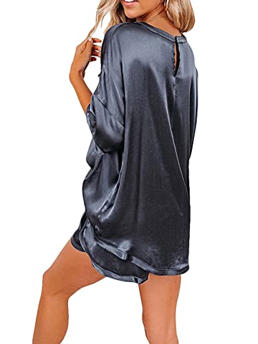 LYANER Women's Satin Silky Pajamas Set Short Sleeve T-shirt With Shorts Set Pjs Loungewear Navy Medium
