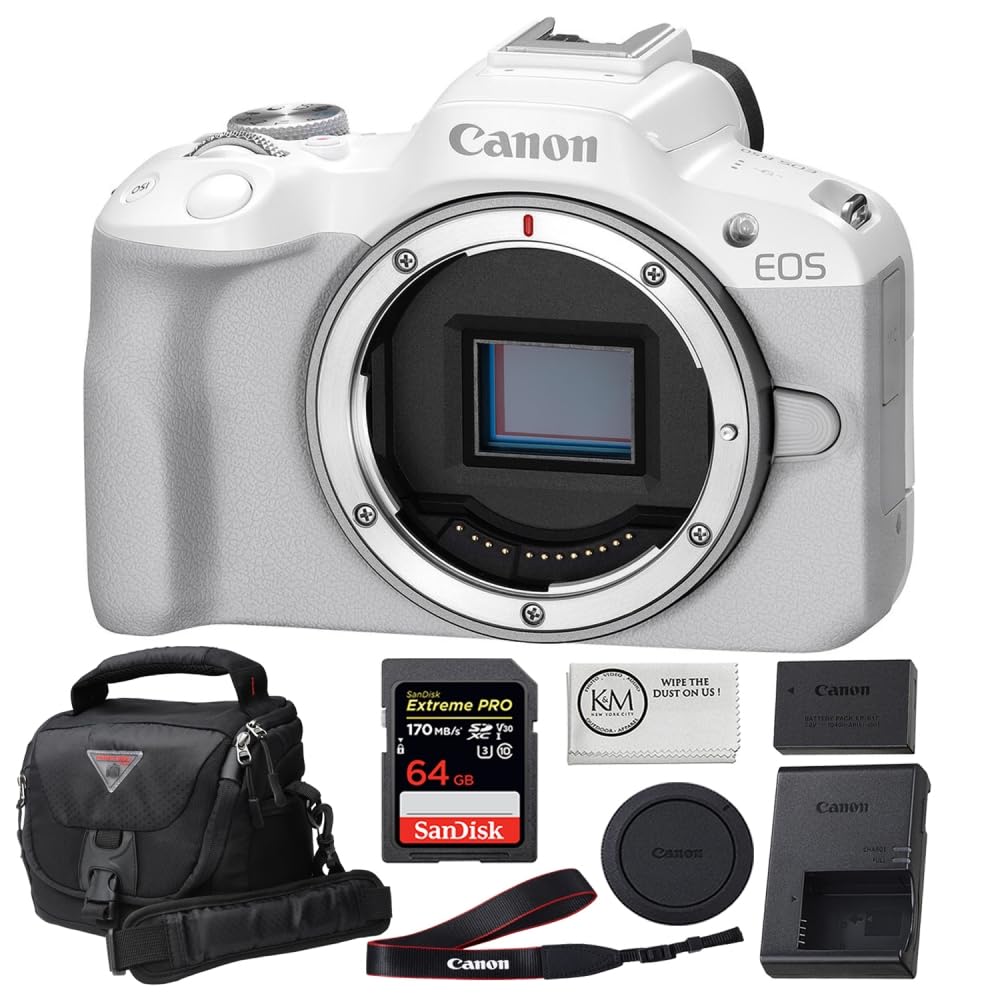 Canon EOS R50 Mirrorless Camera | White Bundled with 64GB Memory Card + Camera Case with Rain Cover + Microfiber Cleaning Cloth (4 Items)