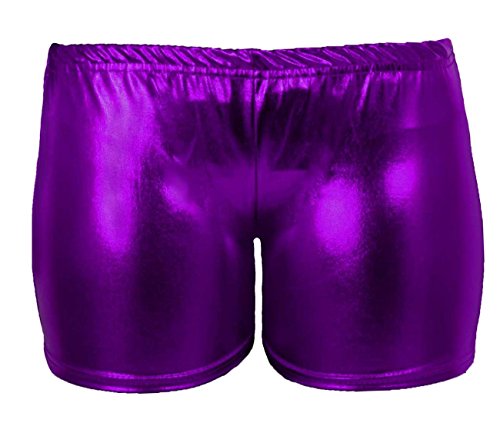Girls Mettalic Hot Pants Kids Plain Dance Wetlook Shiny Plain Party Disco Shorts Purple