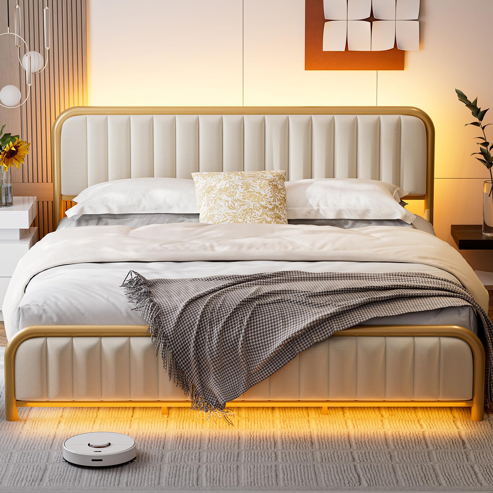 DOGIBIXO Queen Bed Frame with LED Lights, Upholstered Velvet Platform Bed Frame with Tufted Headboard and Footboard, Gold Metal Slats Support, Noise-Free, Easy Assembly, No Box Spring Needed, Beige