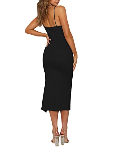 LYANER Women's Spaghetti Straps Split Slit Hem Sleeveless Zipper Bodycon Midi Dress Black Small