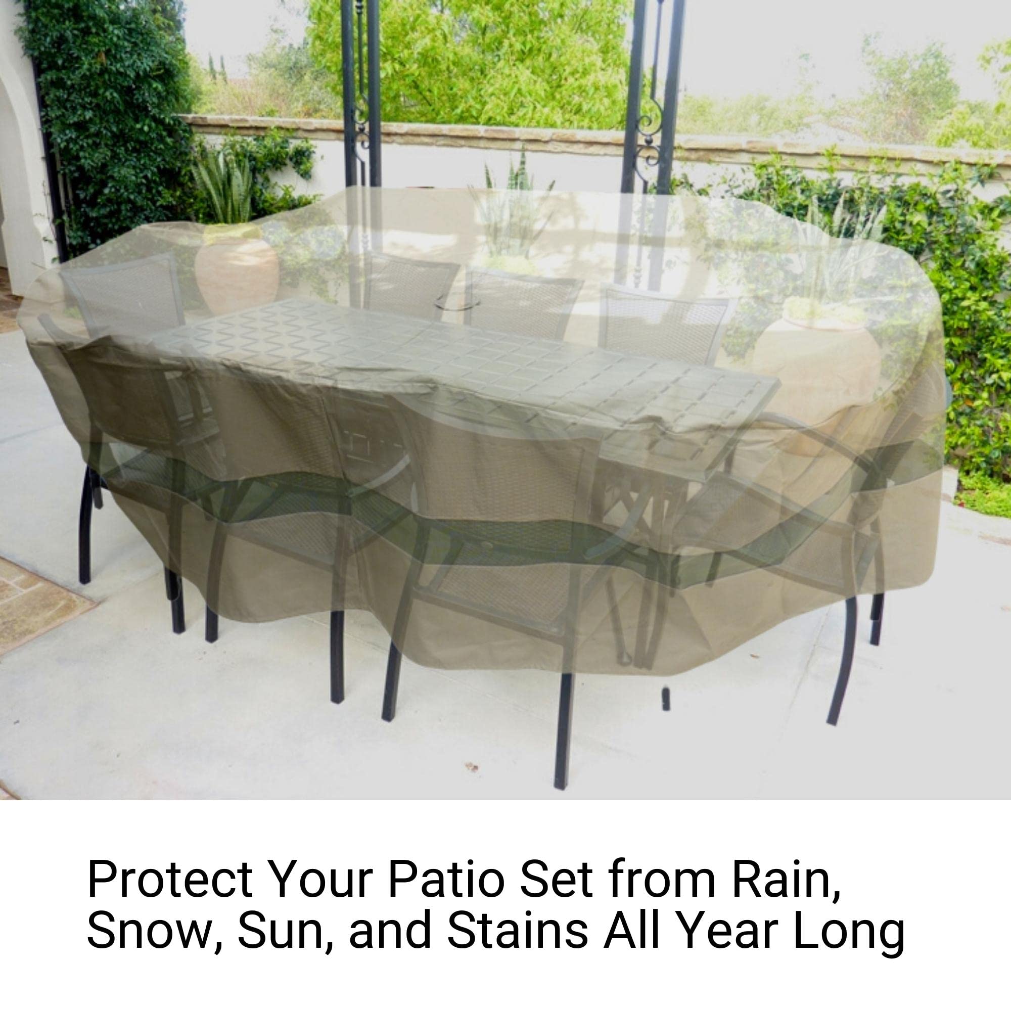 Formosa Covers | Premium Outdoor Patio Table Set Cover with Hole for Umbrella | 120" L x 86" W x 38" H | Weatherguard Material | Taupe