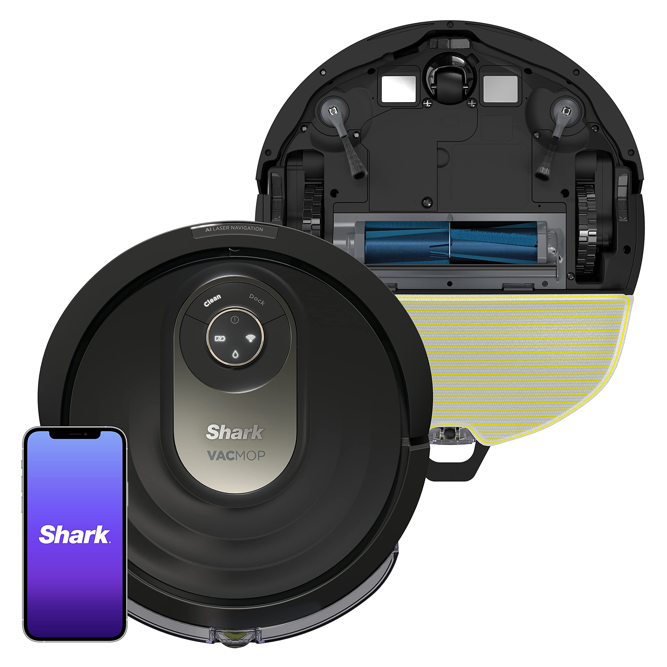 Shark AV2001WD AI VACMOP 2-in-1 Robot Vacuum and Mop with Self-Cleaning Brushroll, LIDAR Navigation, Home Mapping,Compatible with Alexa, Wi-Fi, Black/Brass + White Towel + LCD Screen Cleaner